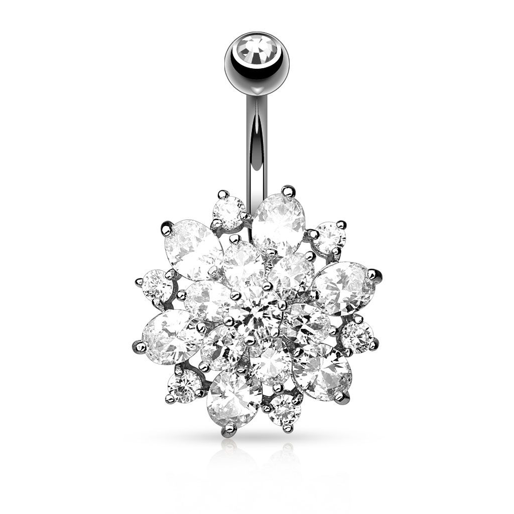 Edles Bauchnabelpiercing mit einer großen Stein-Blume