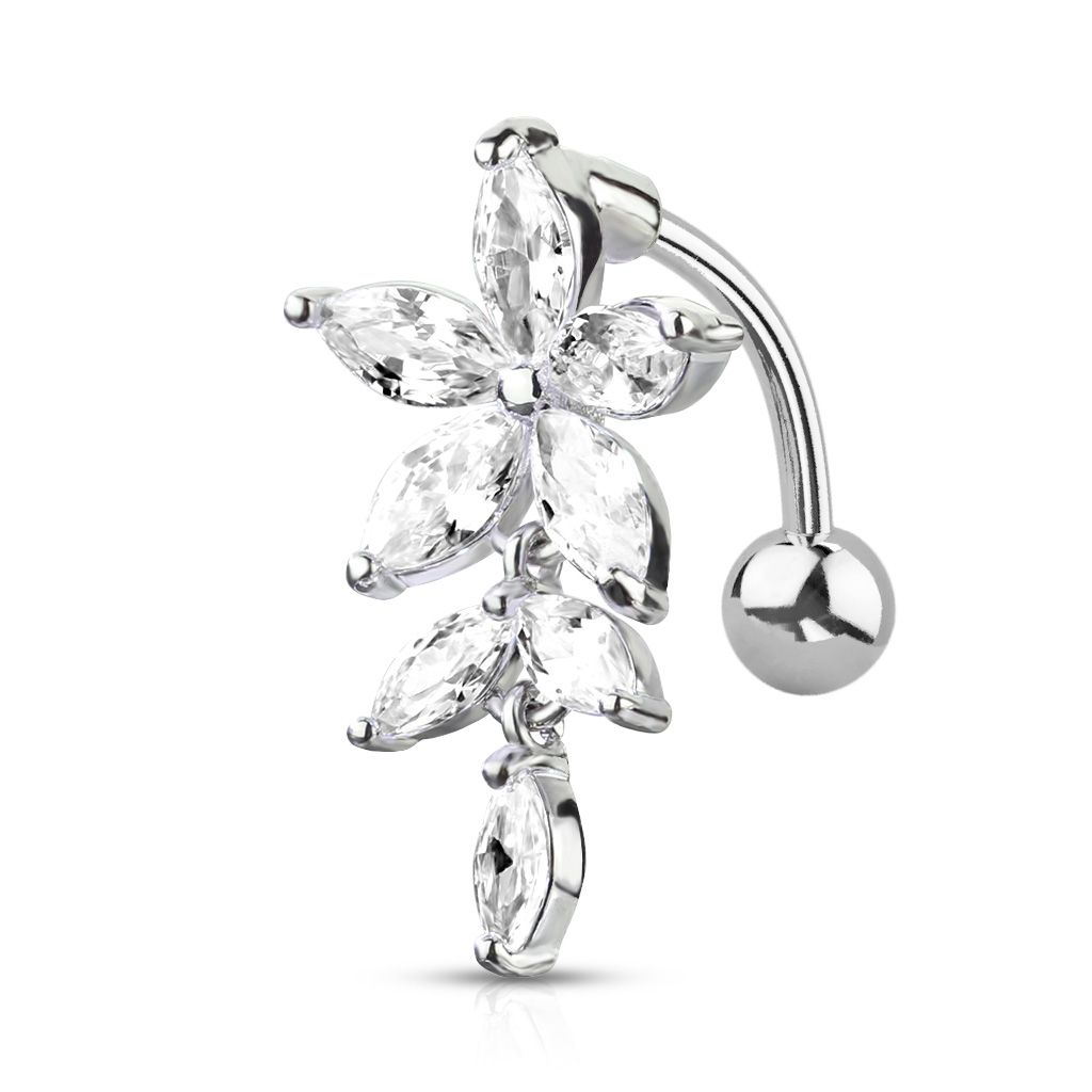 Hübsches umgekehrtes Bauchnabelpiercing mit Blume aus Steinen